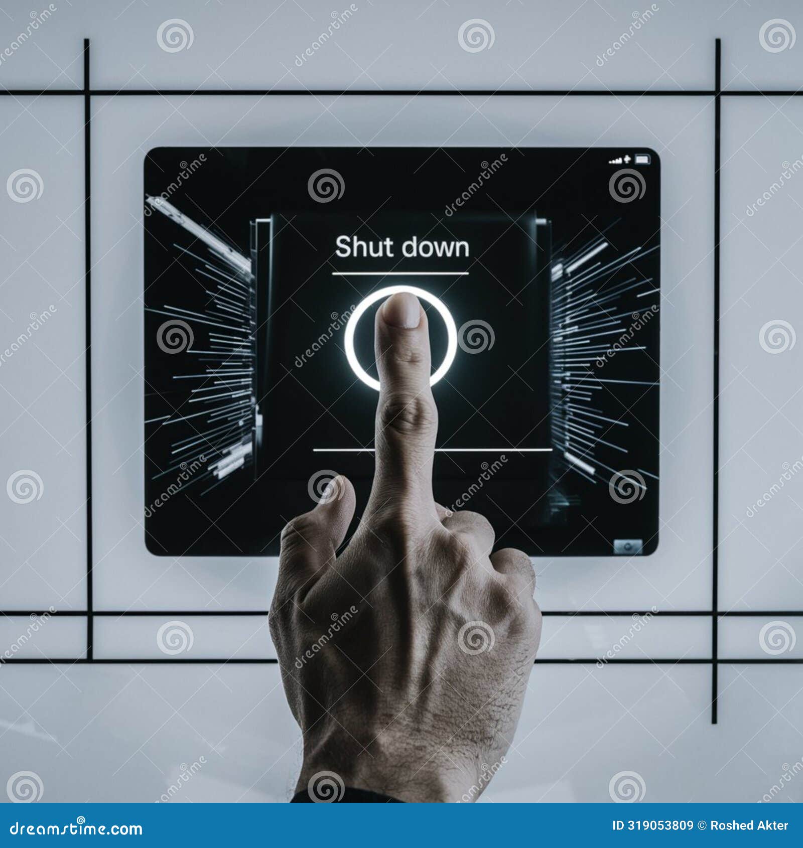 Human Hand Press Shutdown Button on Virtual Screen. Shut Down Concept ...