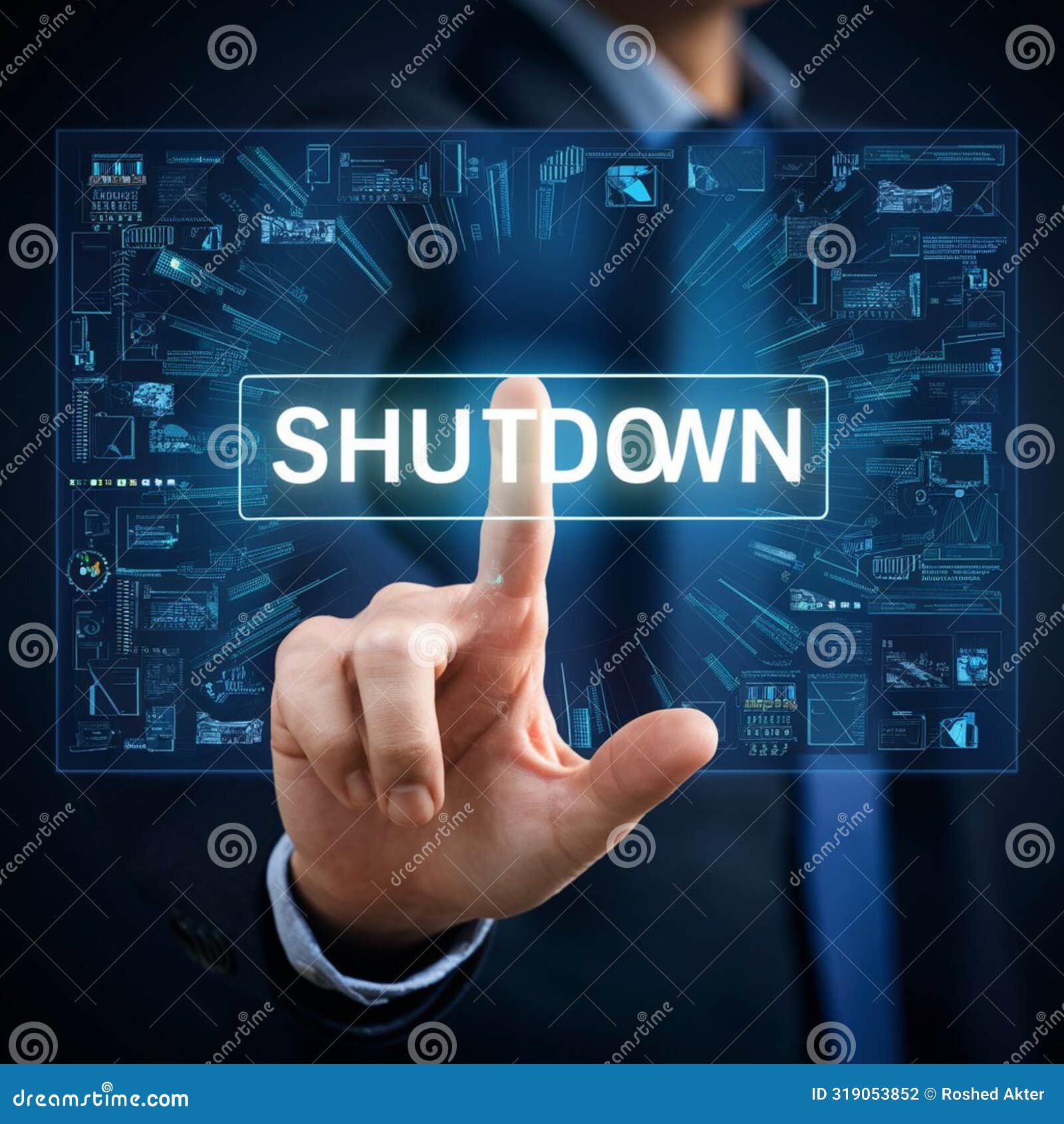 Human Hand Press Shutdown Button on Virtual Screen. Shut Down Concept ...