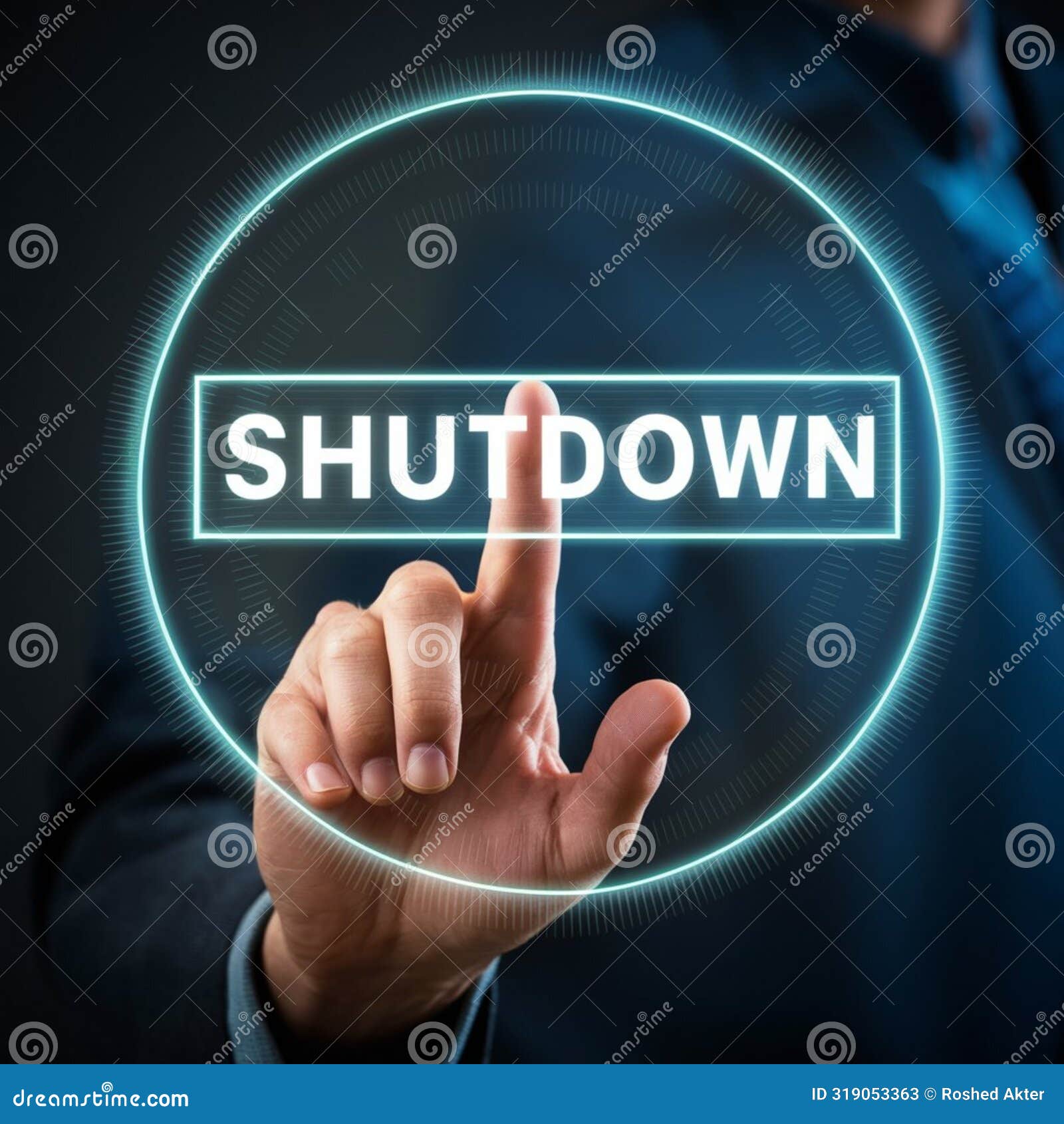 Human Hand Press Shutdown Button on Virtual Screen. Shut Down Concept ...