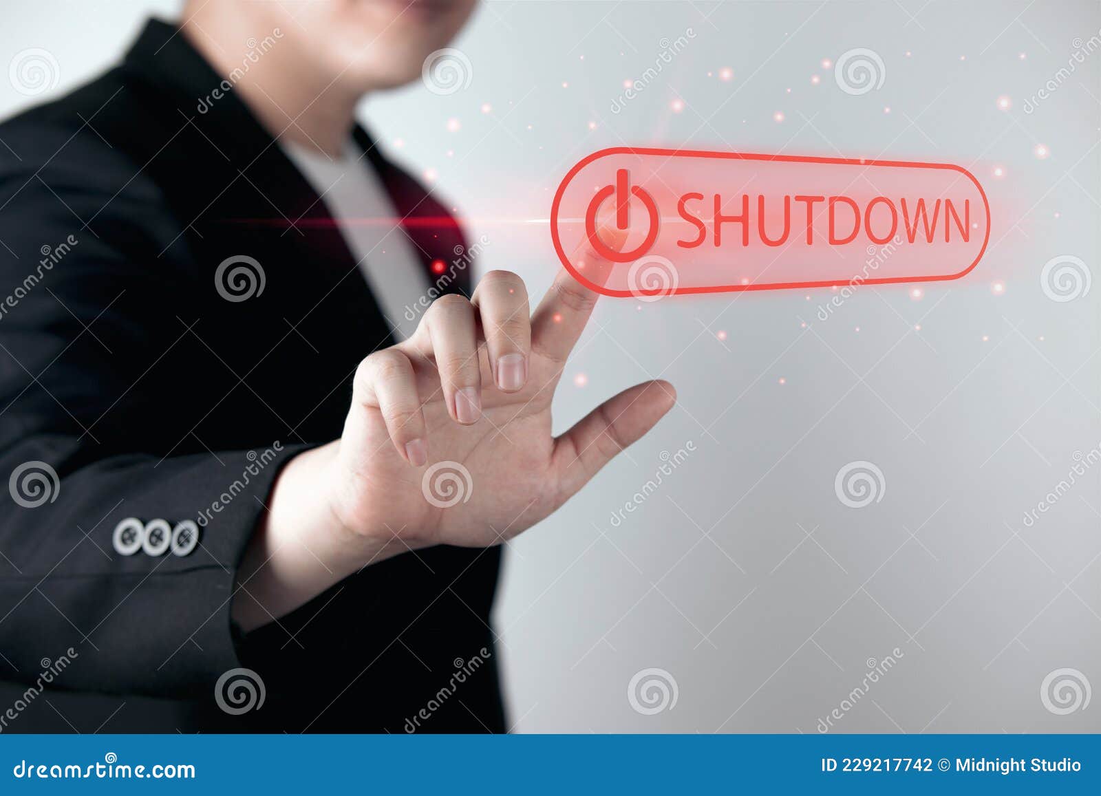 Human Hand Presses the Shutdown Button on the Virtual Screen Stock ...