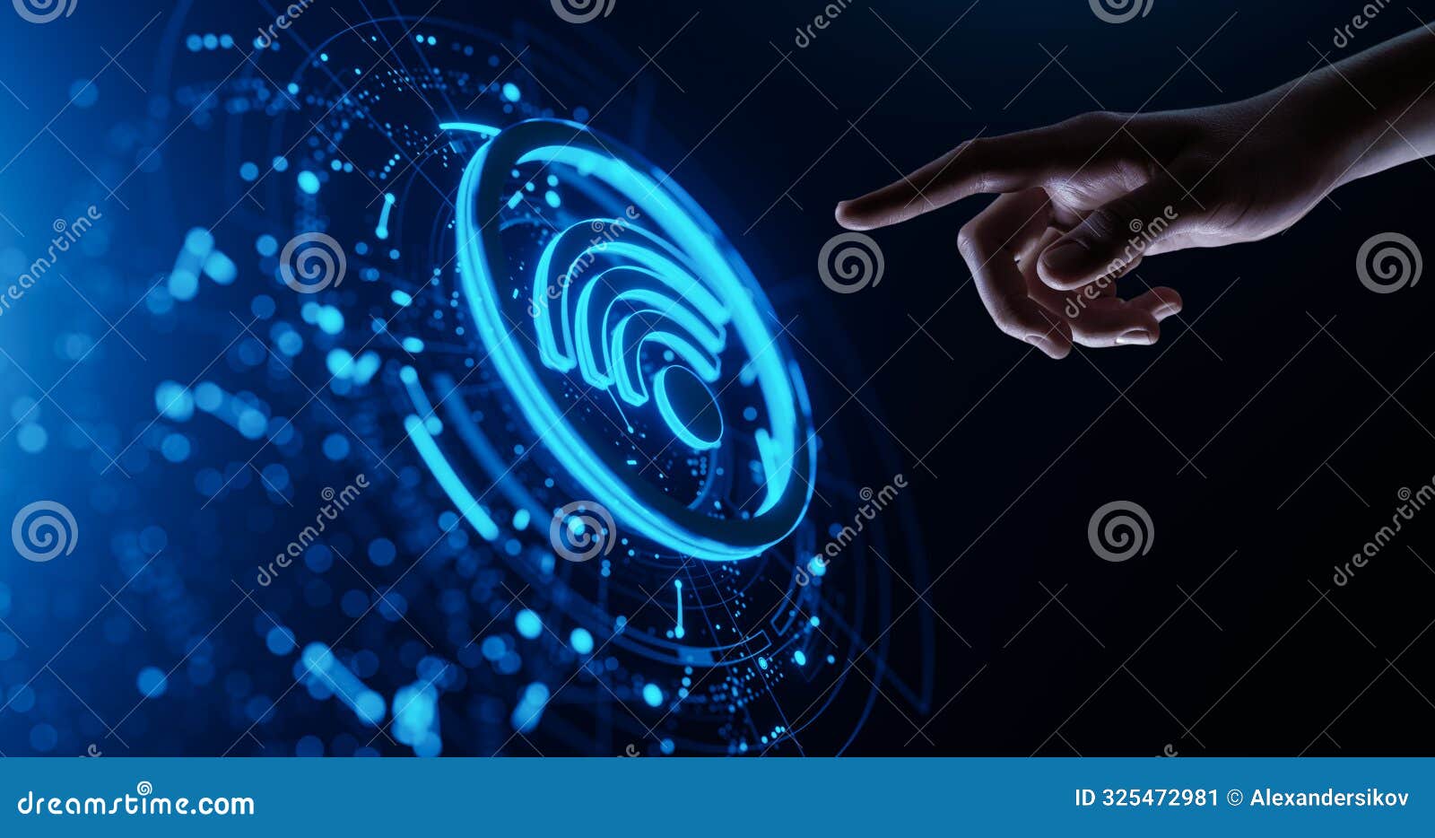 Human Hand Presses a Virtual Button on Screen with Wi-Fi Icon. Network ...