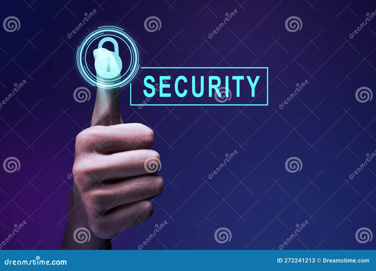 A Human Hand Pushes the Virtual Button with a Security Symbol Stock ...