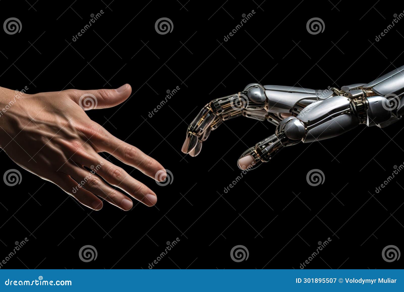 Human Hand Reaching for Robot Hand on Black Isolated Background. the ...