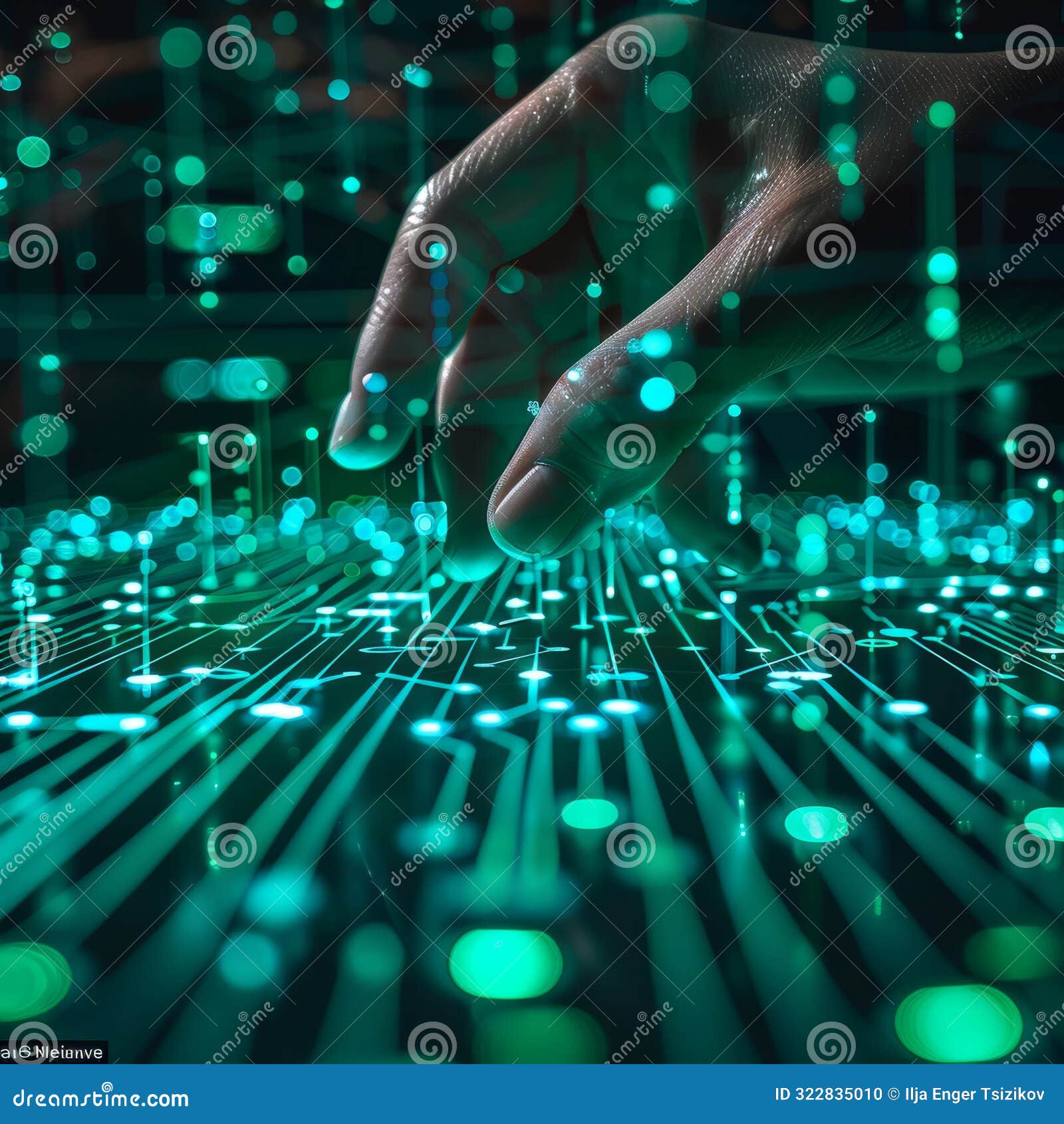 Human Hand Reaching Towards Glowing Data Network, almost Touching ...