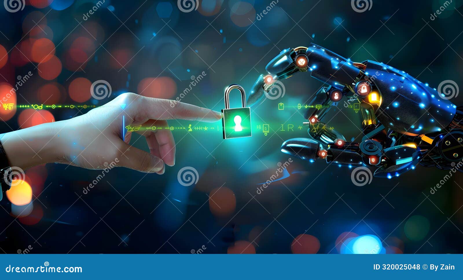 Human Hand and Robot Finger Touch Each Other, with Digital Data Flowing ...