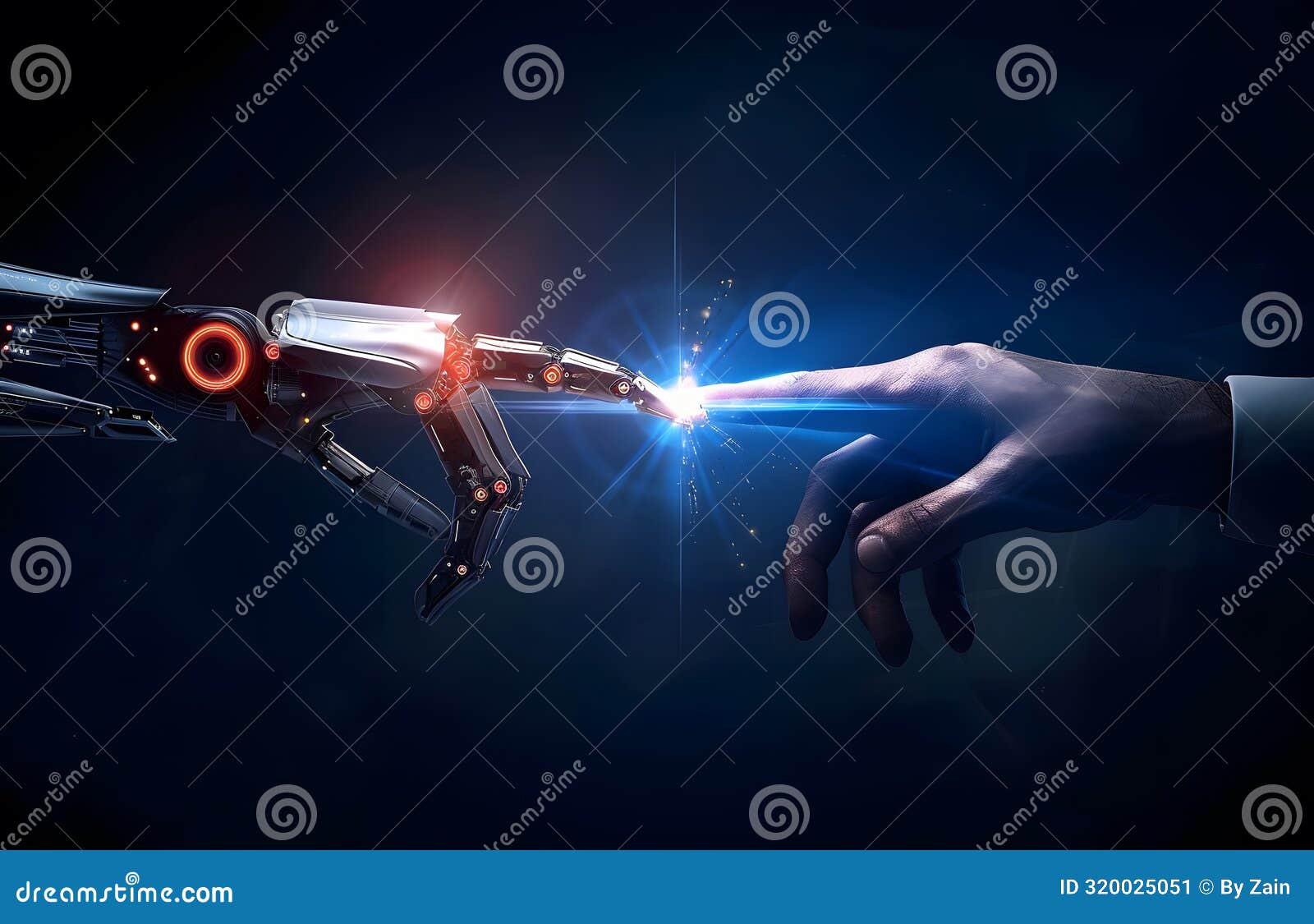 Human Hand and Robot Finger Touch Each Other, with Digital Data Flowing ...