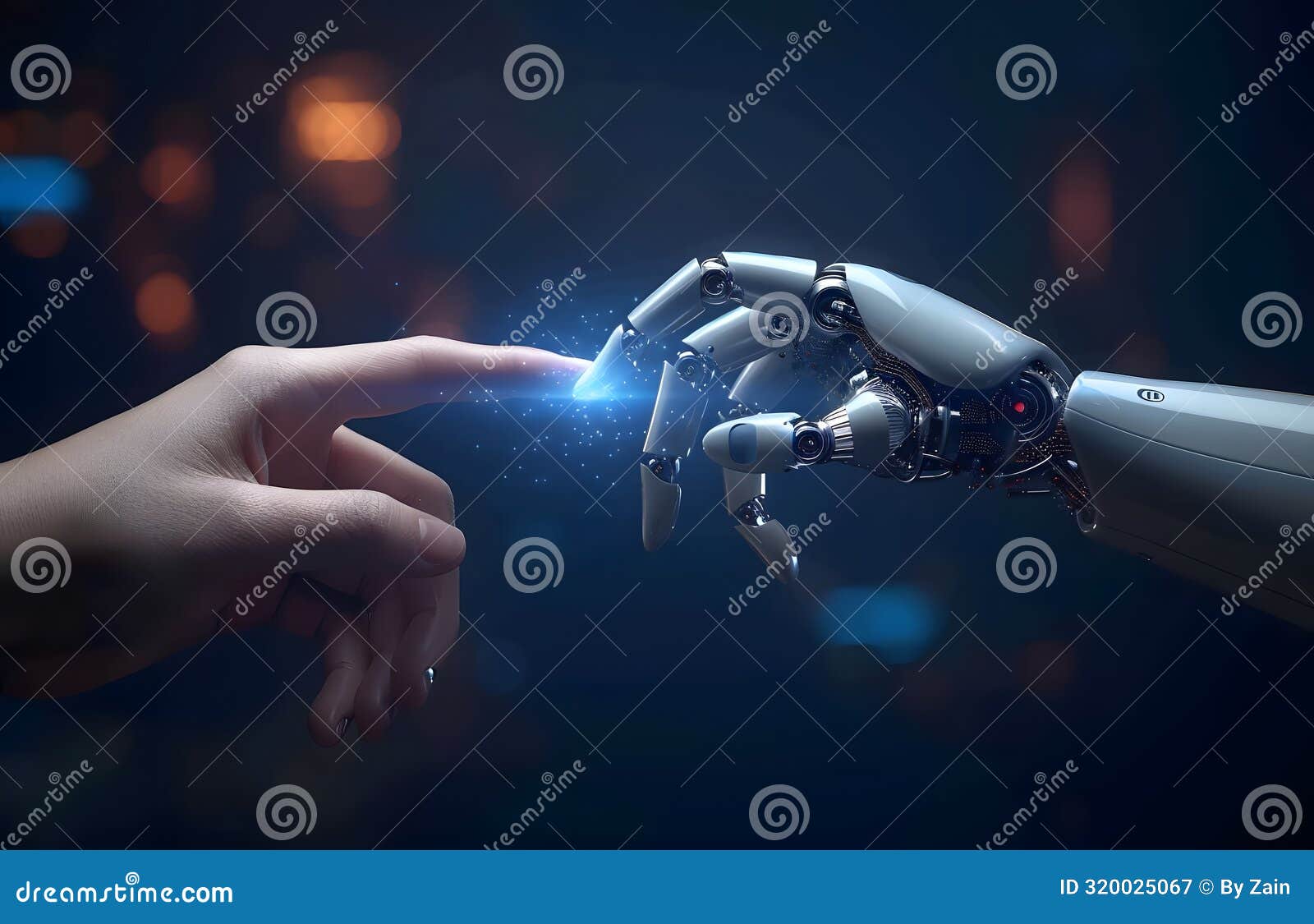 Human Hand and Robot Finger Touch Each Other, with Digital Data Flowing ...