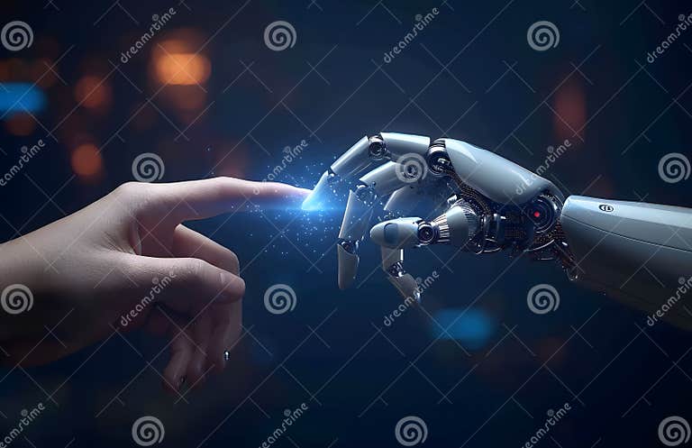 Human Hand and Robot Finger Touch Each Other, with Digital Data Flowing ...