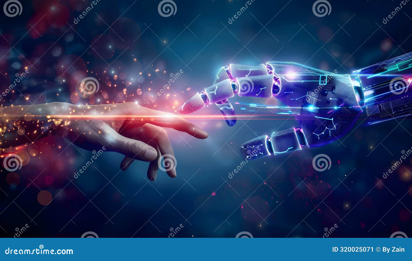 Human Hand and Robot Finger Touch Each Other, with Digital Data Flowing ...
