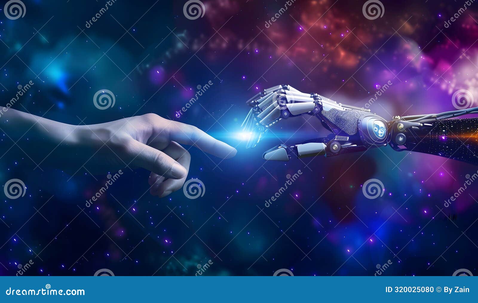 Human Hand and Robot Finger Touch Each Other, with Digital Data Flowing ...