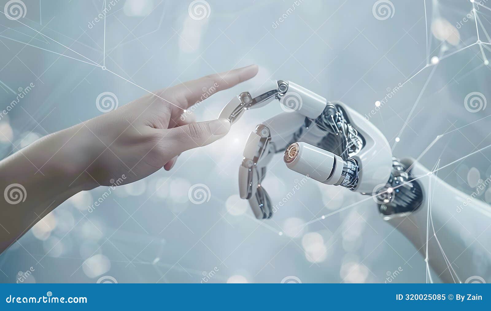 Human Hand and Robot Finger Touch Each Other, with Digital Data Flowing ...