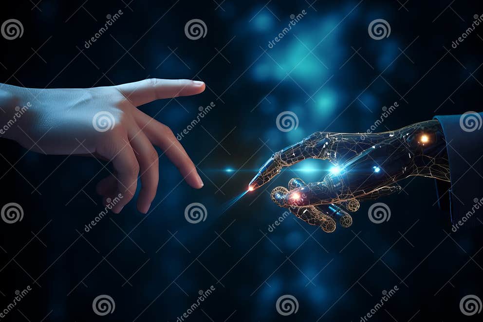 Human Hand and Robot Finger Touch Sense of Technology. AI Generated ...