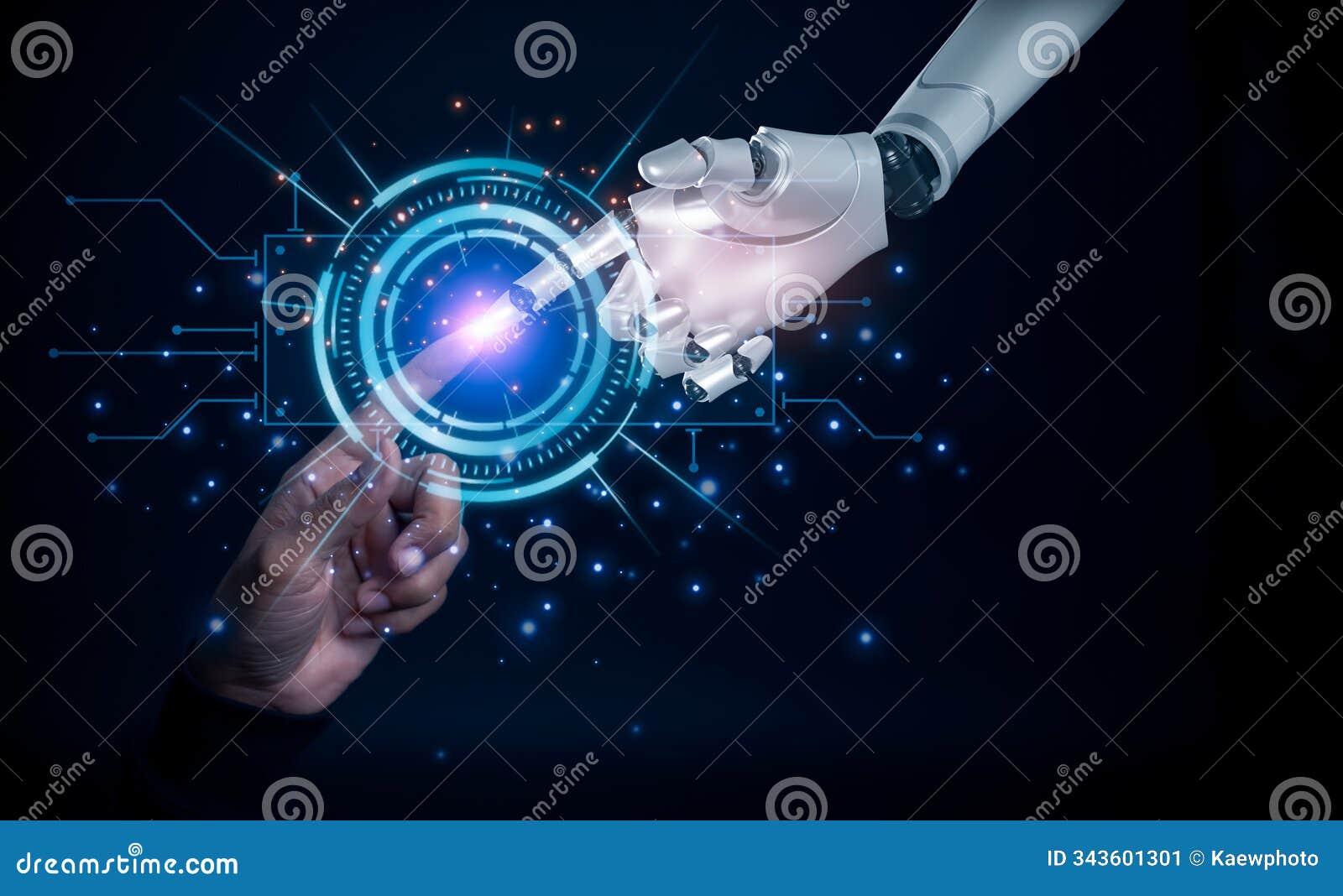 Human Hand and Robot Touch Digital Button Hud Interface Futuristic ...