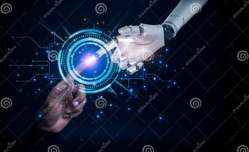 Human Hand and Robot Touch Digital Button Hud Interface Futuristic ...