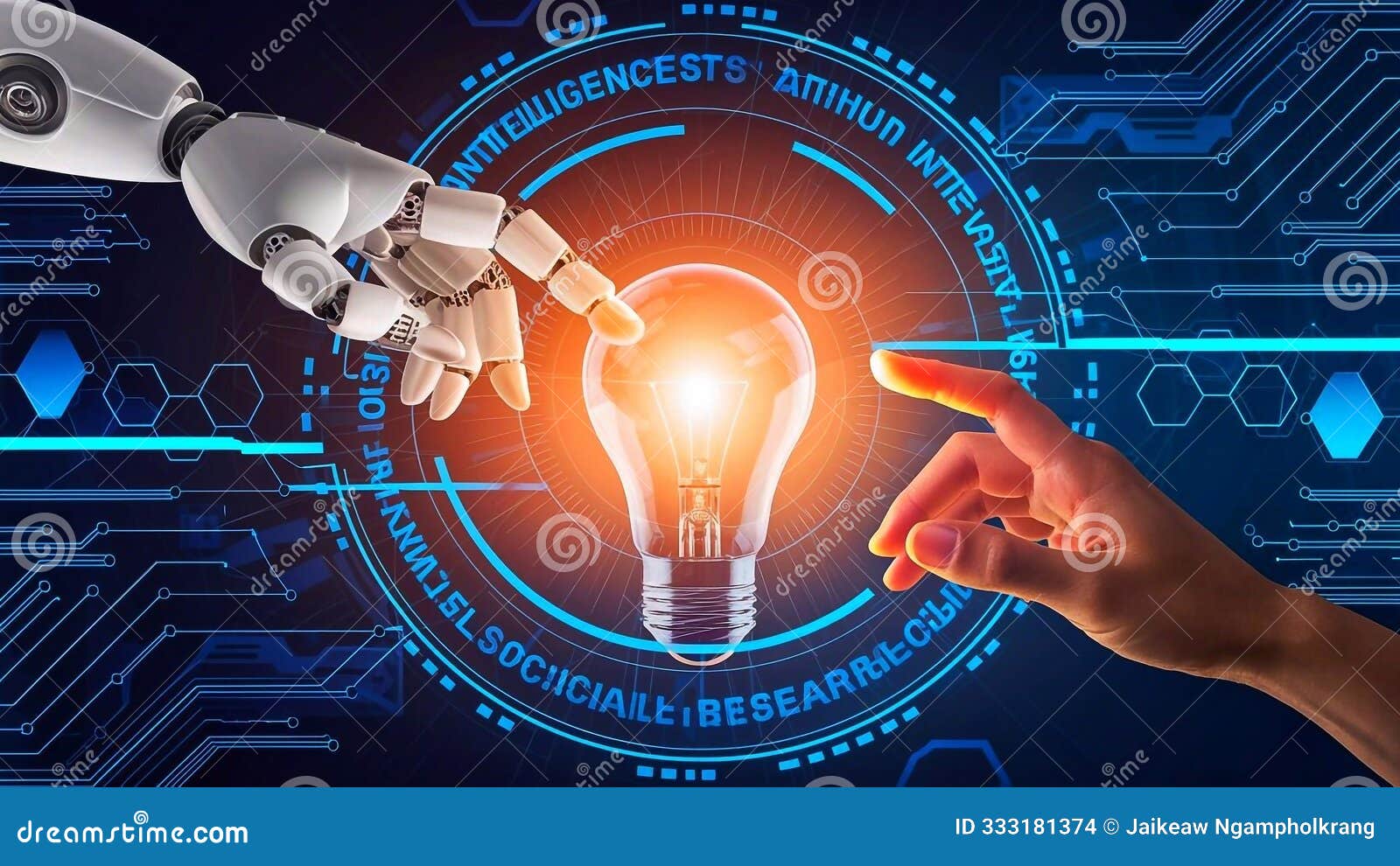Human Hand and Robot Hand Touch Light Bulb Expressing Ideas Together ...