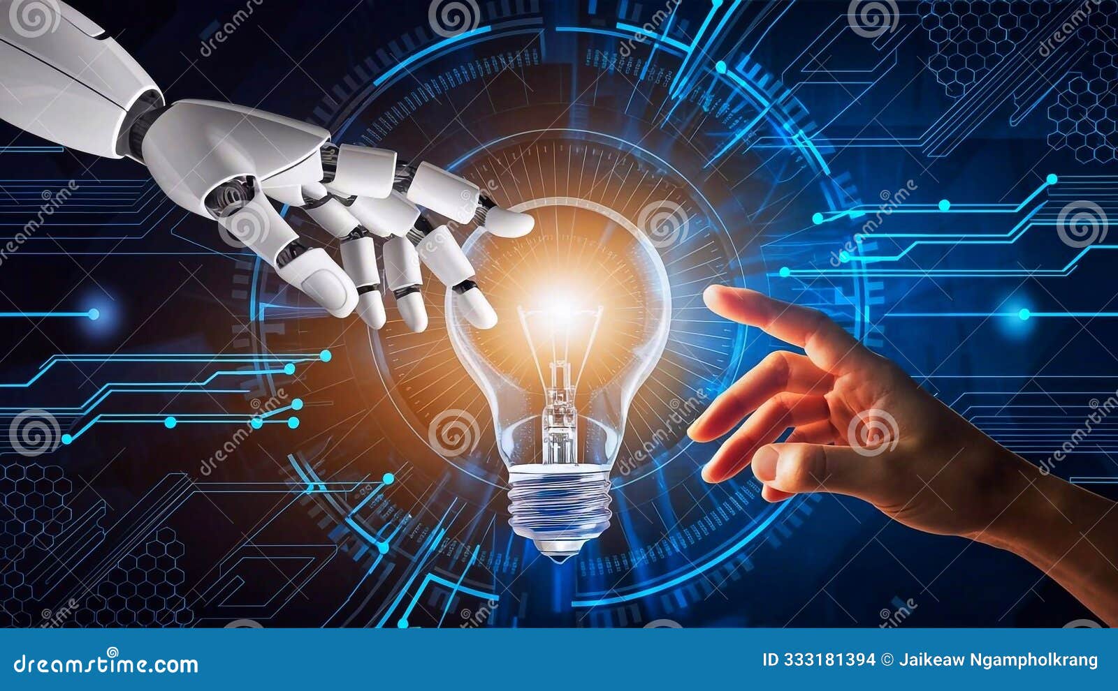 Human Hand and Robot Hand Touch Light Bulb Expressing Ideas Together ...