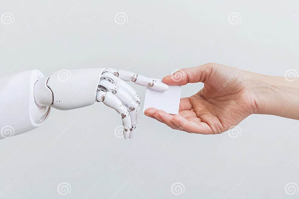 A Human Hand and a Robotic Hand Exchanging a Small Card in a Modern ...