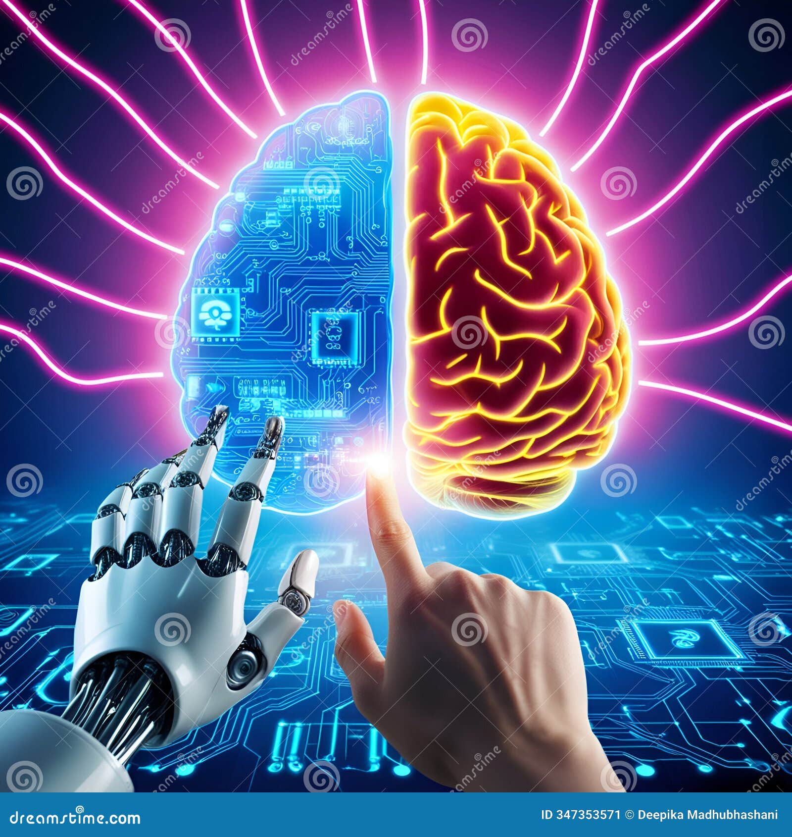 Human Hand and Robotic Hand Touching Brain. Machine Learning, Ai ...