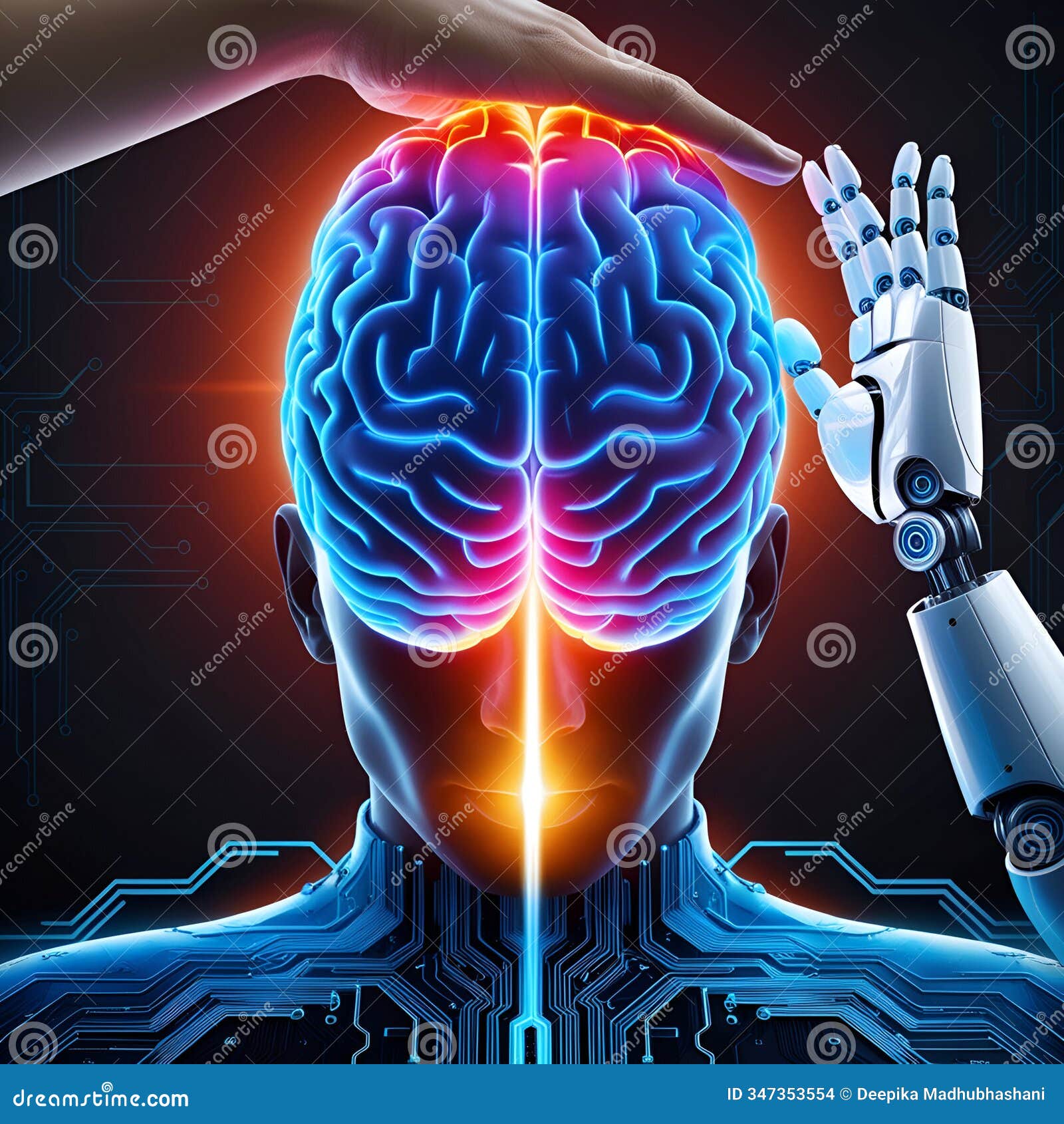 Human Hand and Robotic Hand Touching Brain. Machine Learning, Ai ...