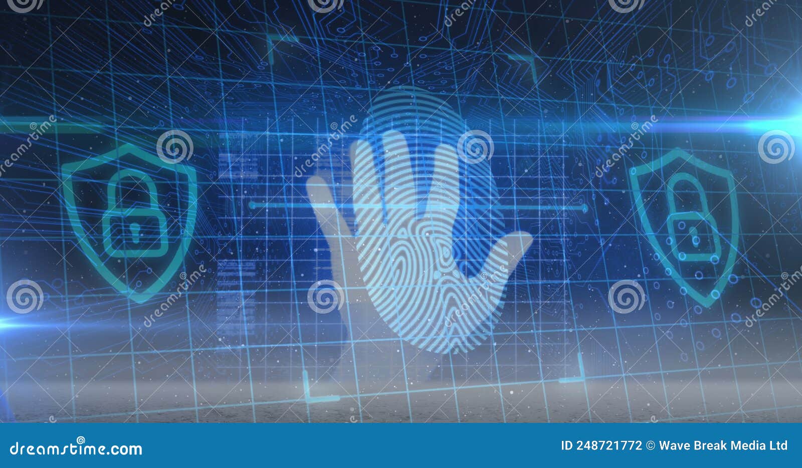 Human Hand Scanning Over Biometric Scanner Against Security Padlock and ...