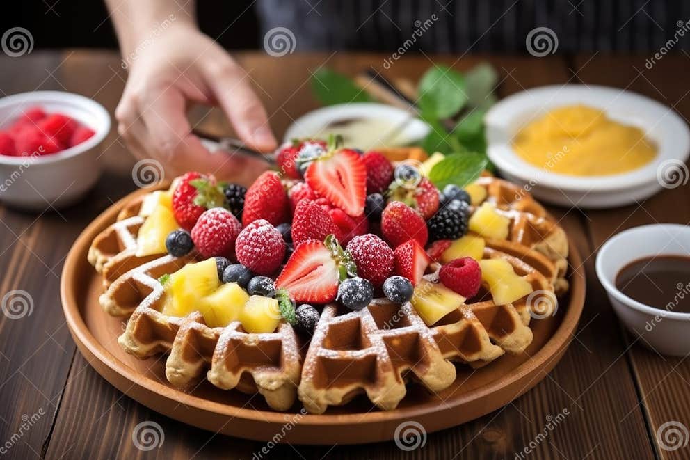 Human Hand Serving Belgian Waffles in a Plate Stock Photo - Image of ...