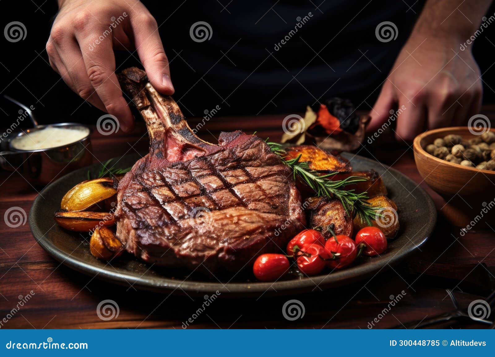 Human Hand Serving Grilled T-bone Steak on a Plate Stock Image - Image ...