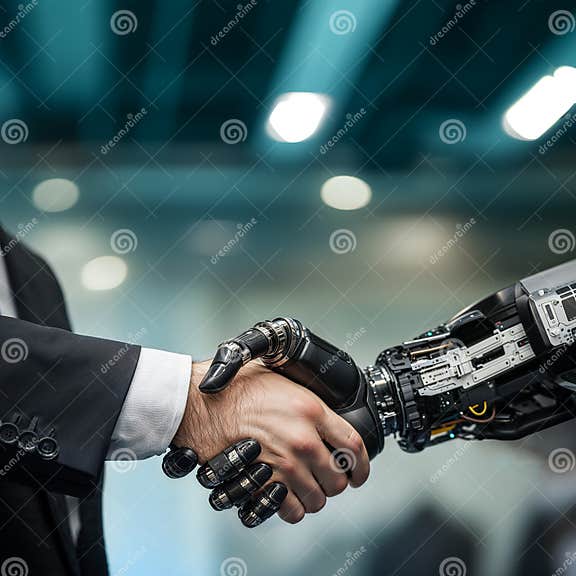 Human Hand Shakes Hands with Robot in Modern Office Setting. Ai ...