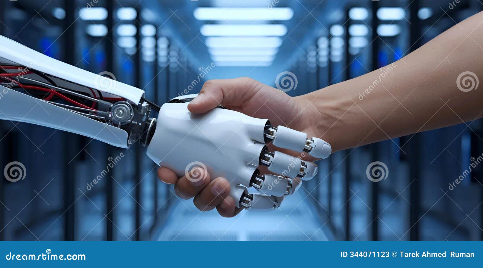 A Human Hand Shakes A Robotic Arm, Both Outstretched In A Handshake ...