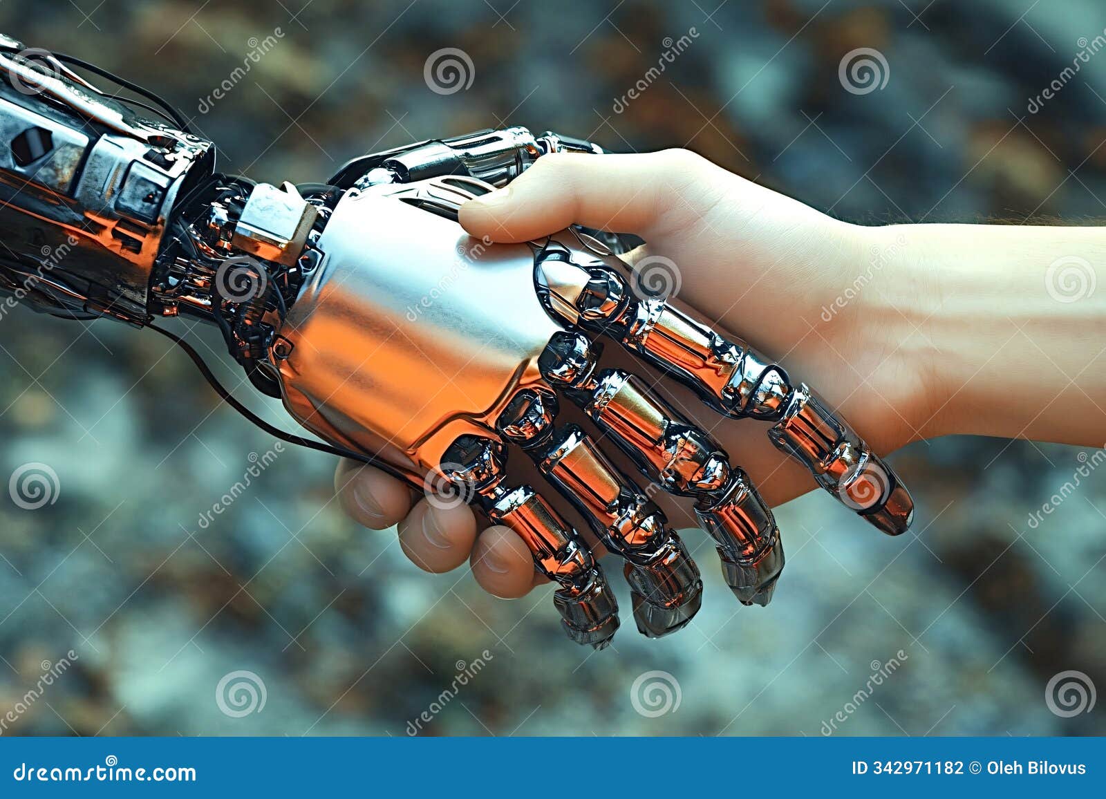 Human Hand Shaking a Chrome Robot Hand Symbolizing Collaboration Stock ...