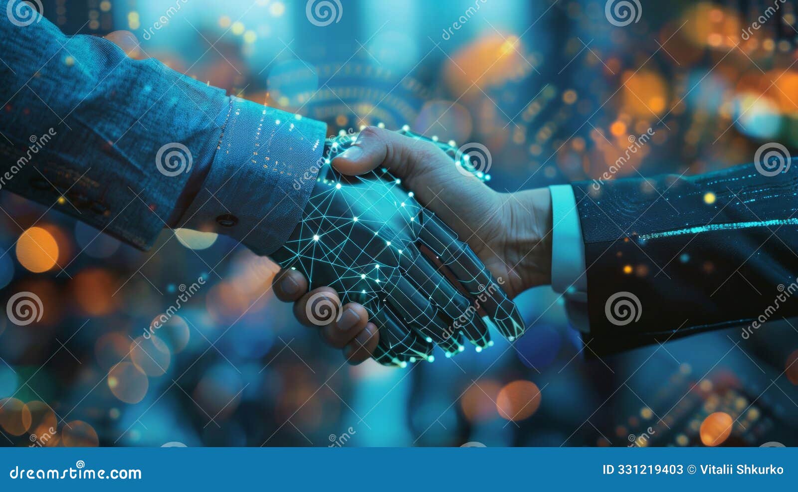A Human Hand Shaking a Digital, Network-connected Hand, Symbolizing a ...