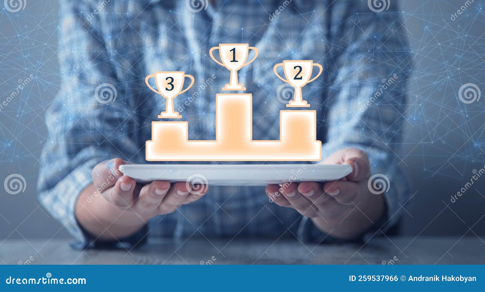 Human Hand Showing Winners Podium with Three Winning Cups Stock Photo ...