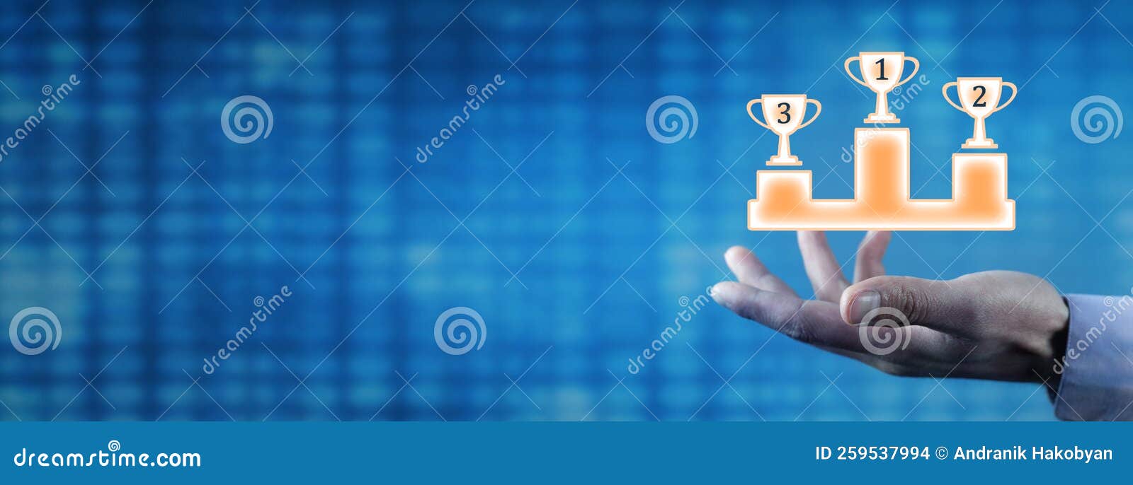 Human Hand Showing Winners Podium with Three Winning Cups Stock Photo ...