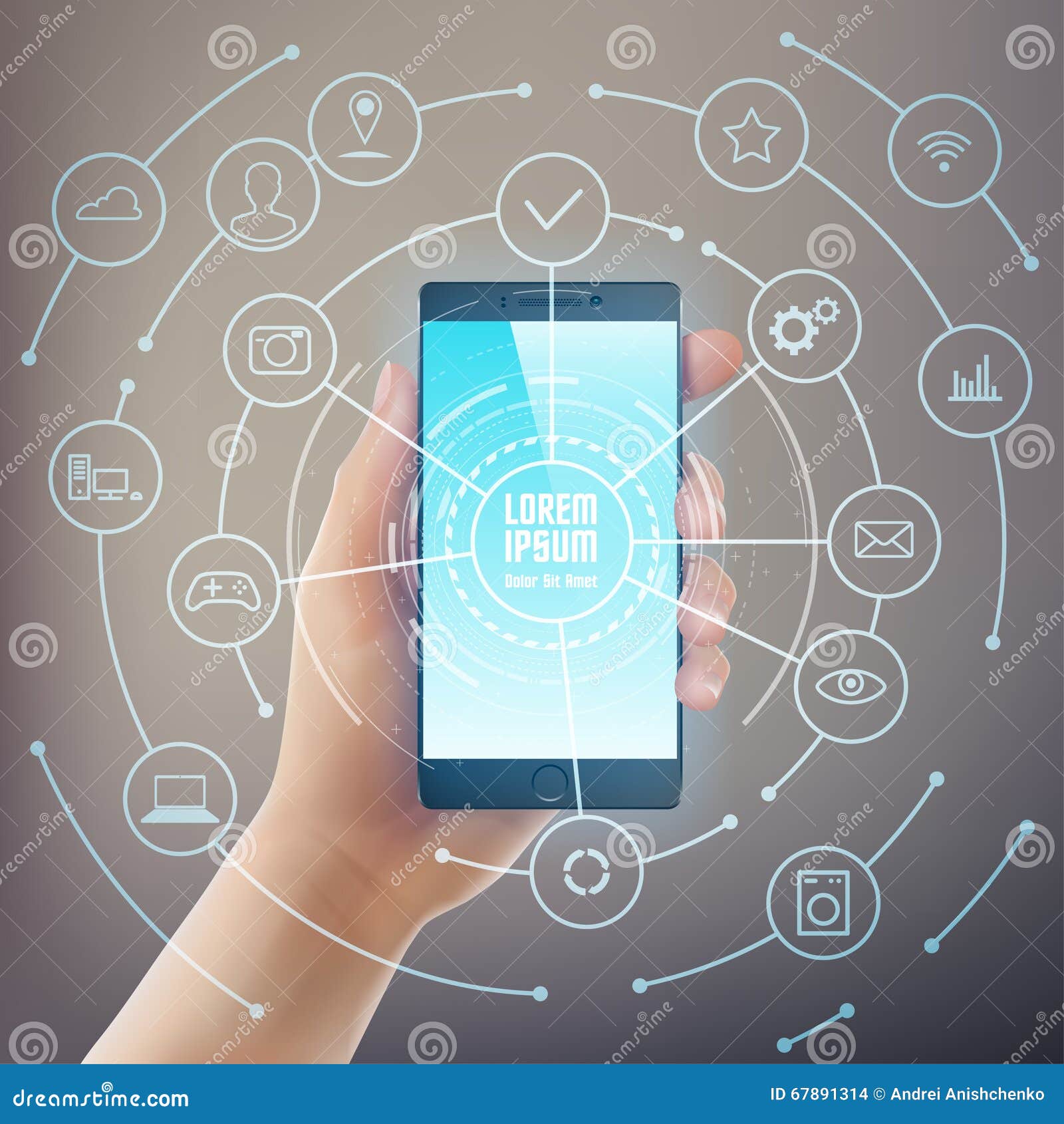 Human Hand with Smart Phone and Different Icons Stock Vector ...