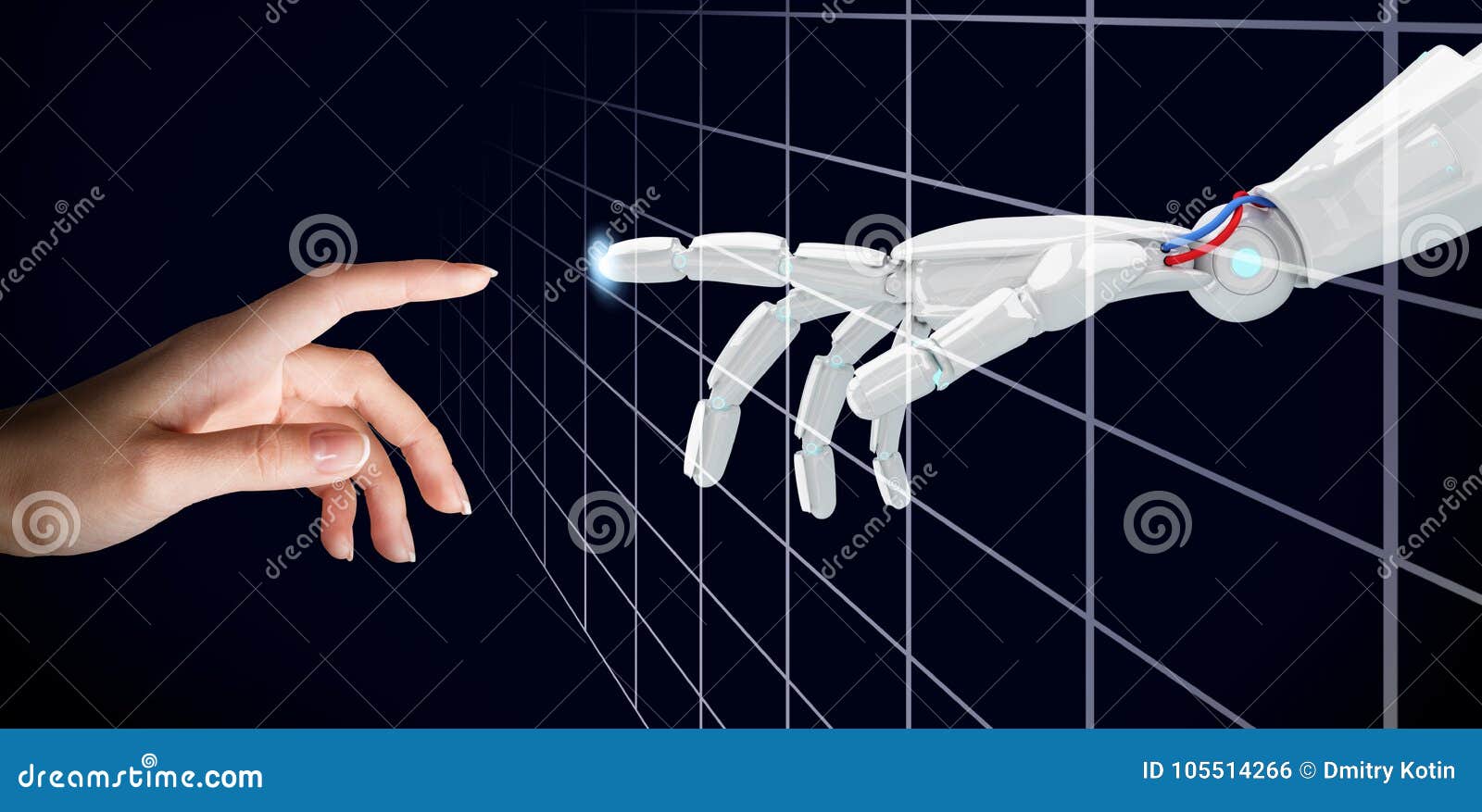 Human Hand Touching an Android Hand in Virtual Reality. Stock Photo ...