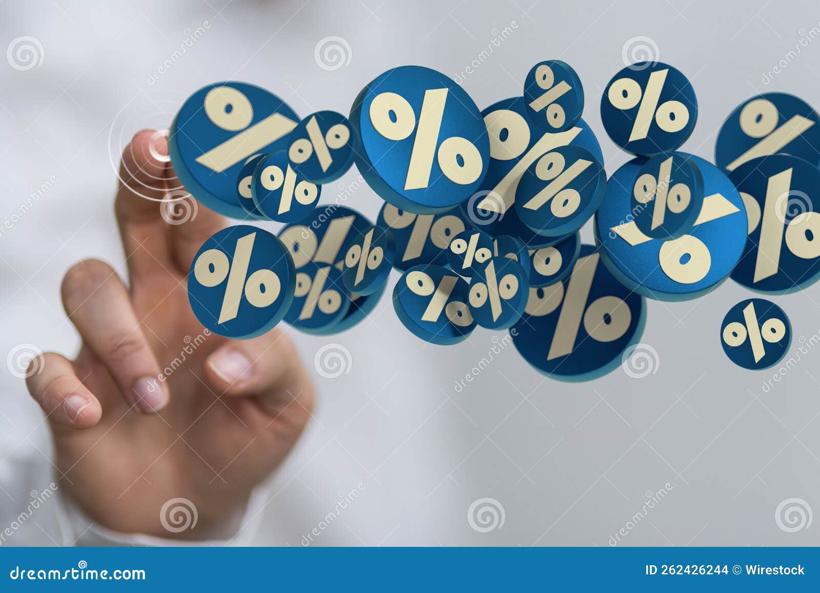 Human Hand Touching Blue Percent Icons in White Background Stock ...