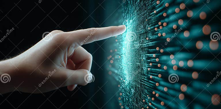 Human Hand Touching Digital Interface with Glowing Data Points ...