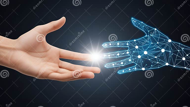Human Hand Touching Digital Hand, Digital and Technological Blue ...