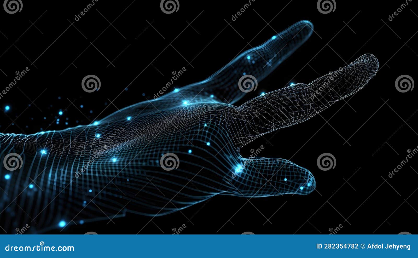 Human Hand Touching Hologram Screen with Finger with Glowing Polygonal ...