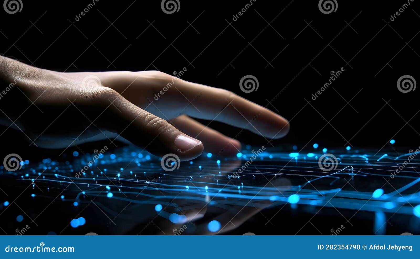 Human Hand Touching Hologram Screen with Finger with Glowing Polygonal ...