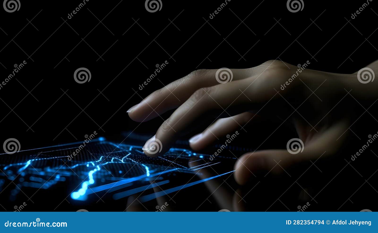 Human Hand Touching Hologram Screen with Finger with Glowing Polygonal ...