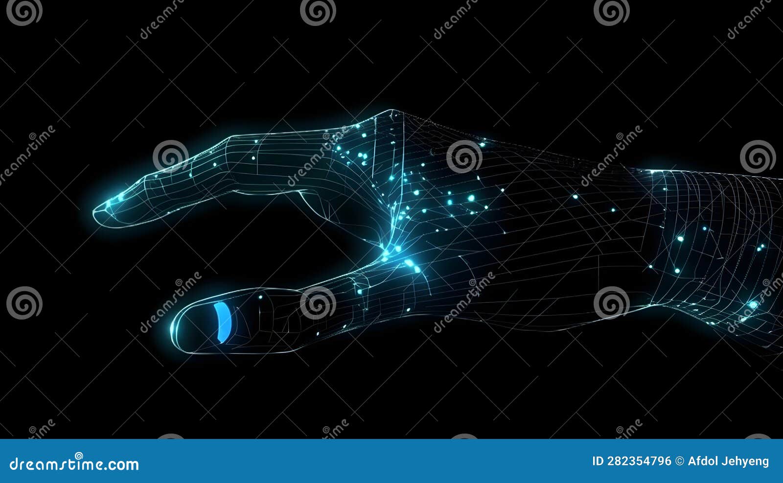 Human Hand Touching Hologram Screen with Finger with Glowing Polygonal ...