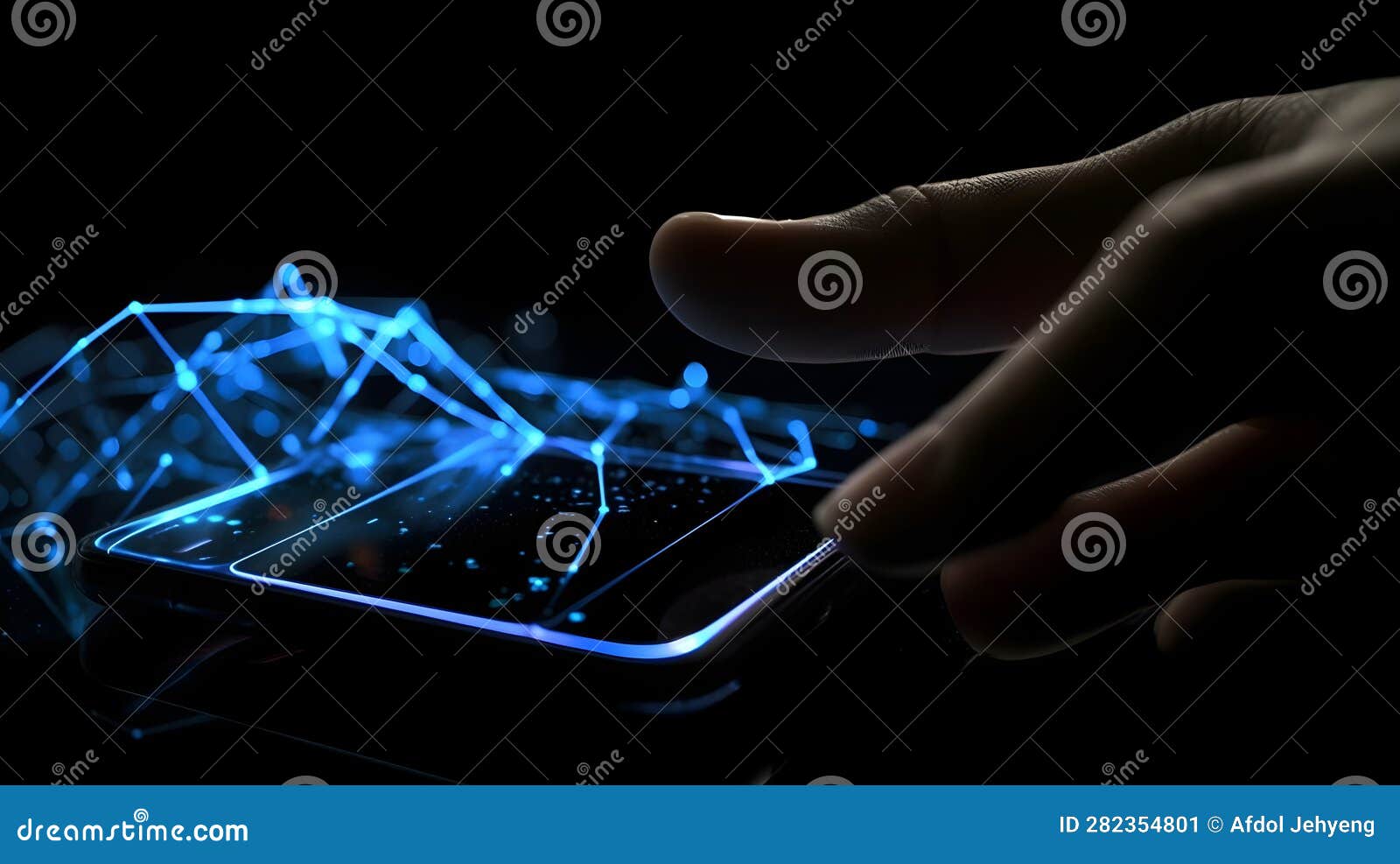 Human Hand Touching Hologram Screen with Finger with Glowing Polygonal ...