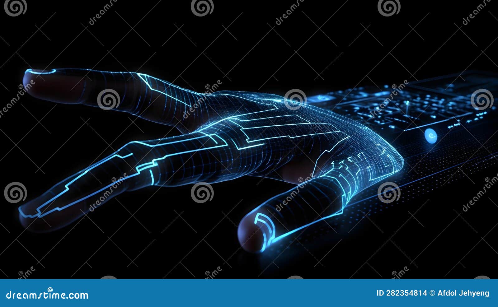 Human Hand Touching Hologram Screen with Finger with Glowing Polygonal ...