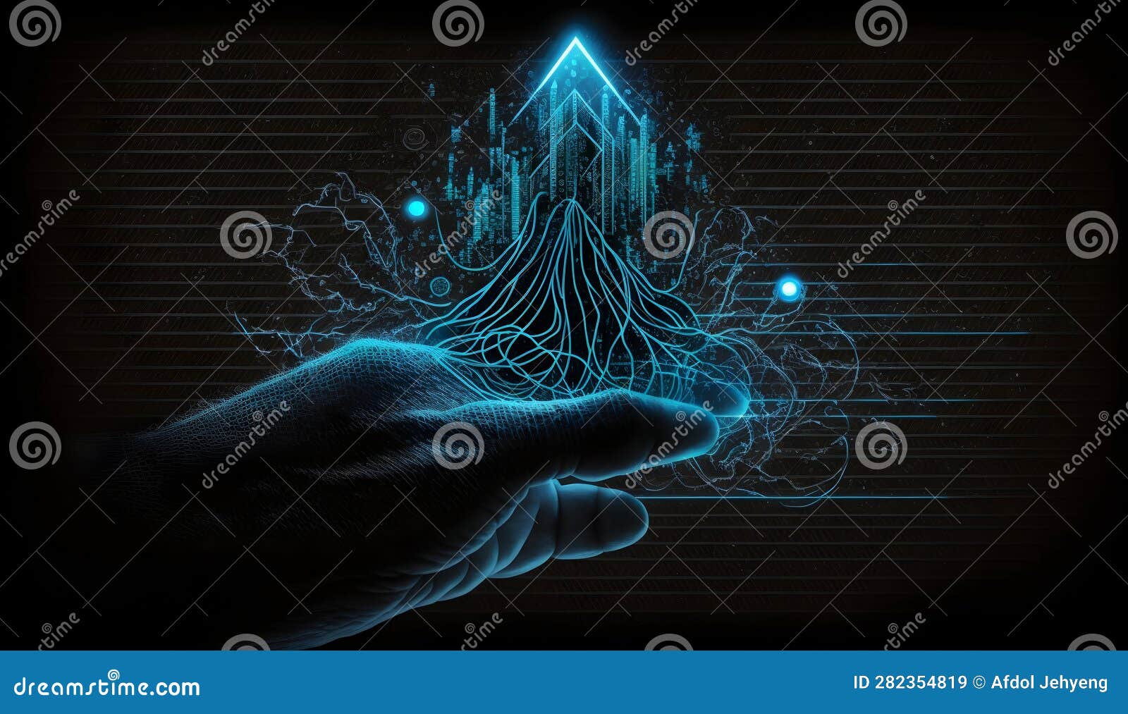 Human Hand Touching Hologram Screen with Finger with Glowing Polygonal ...