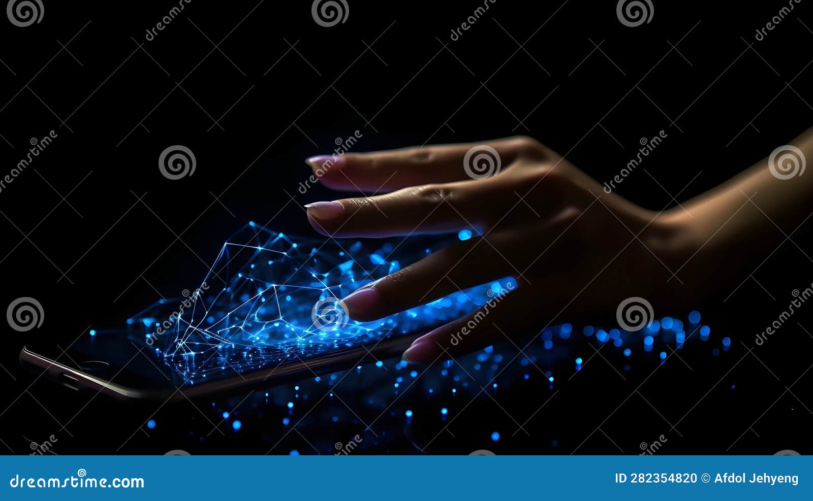 Human Hand Touching Hologram Screen with Finger with Glowing Polygonal ...