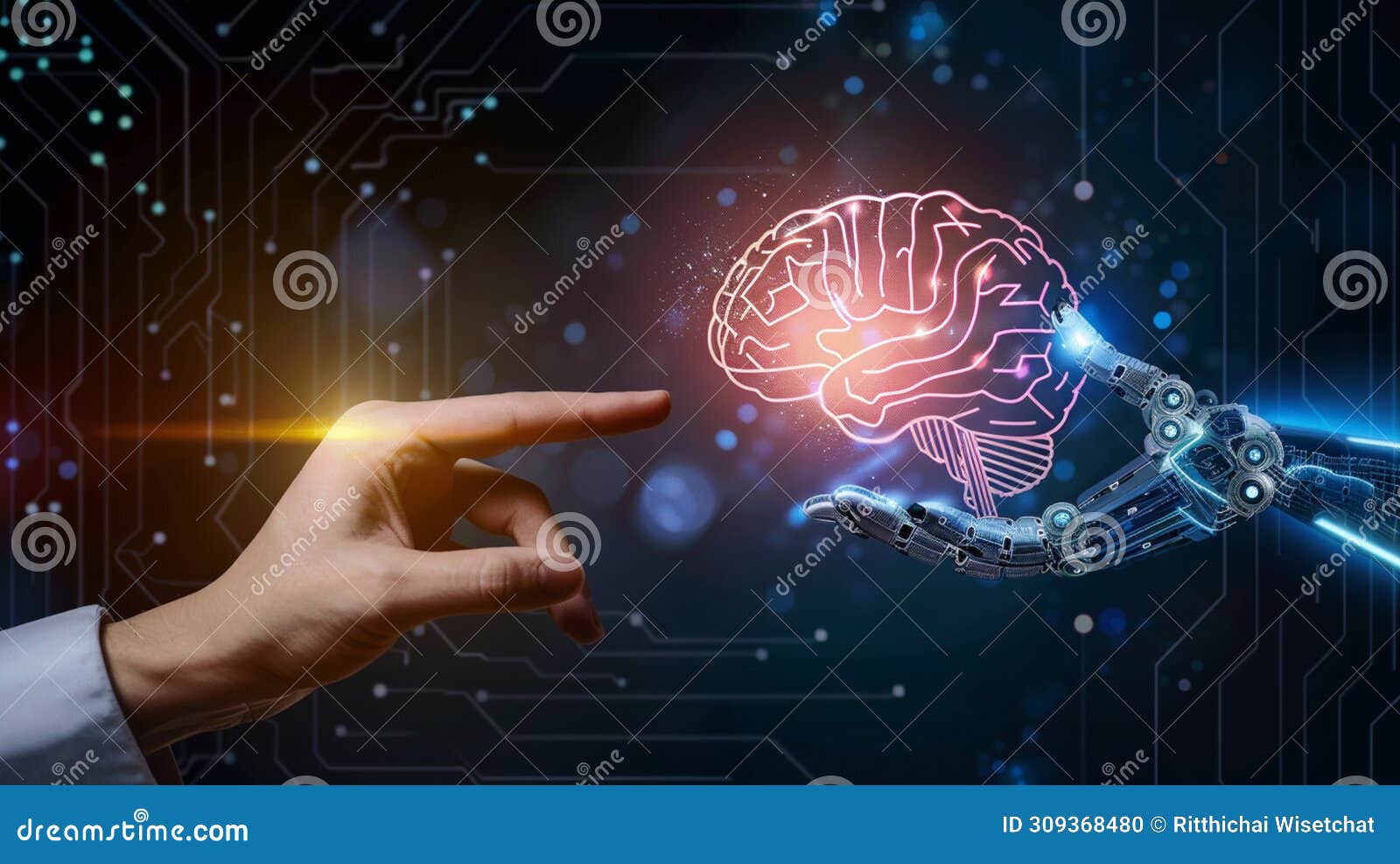 Human Hand Touching a Holographic Brain Interfacing with a Robotic Arm ...