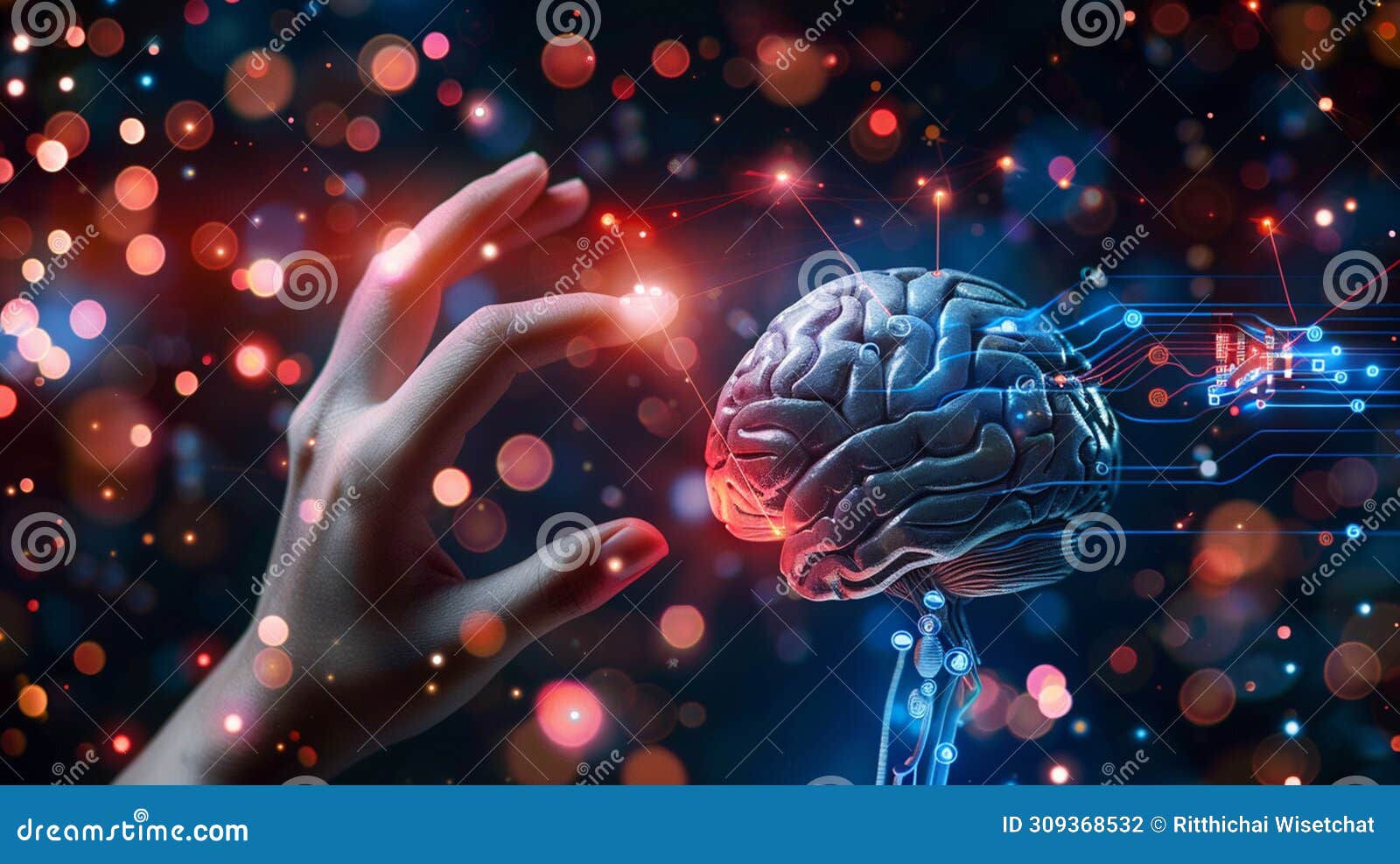 Human Hand Touching a Holographic Brain Interfacing with a Robotic Arm ...