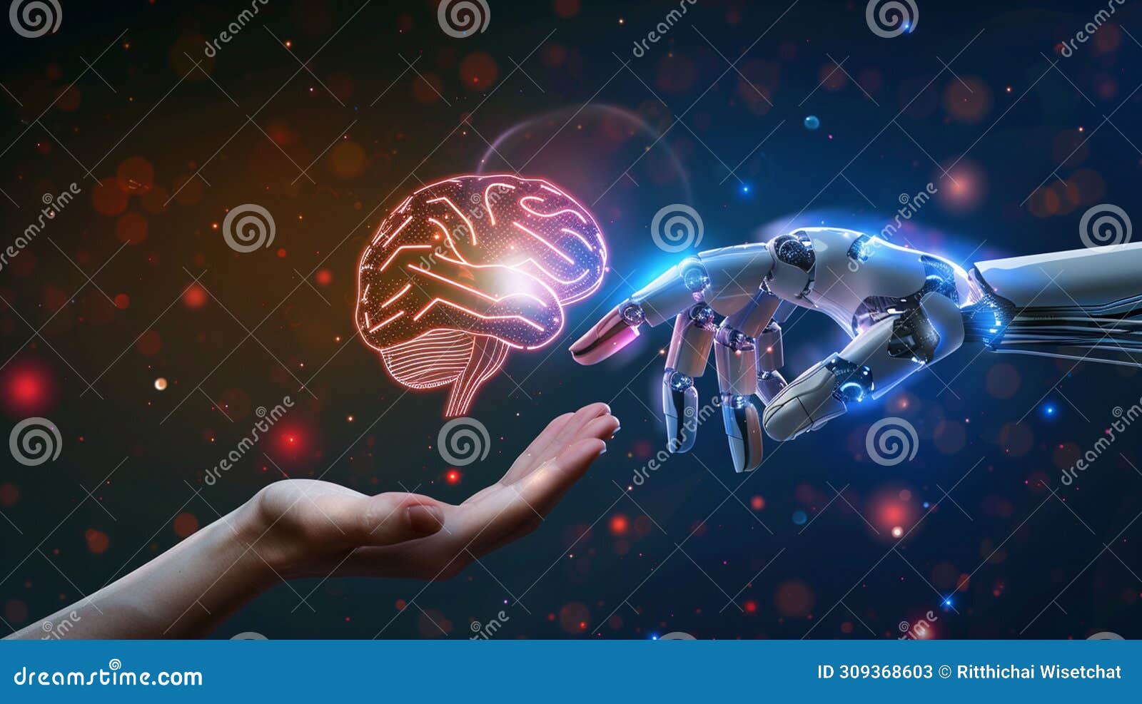 Human Hand Touching a Holographic Brain Interfacing with a Robotic Arm ...