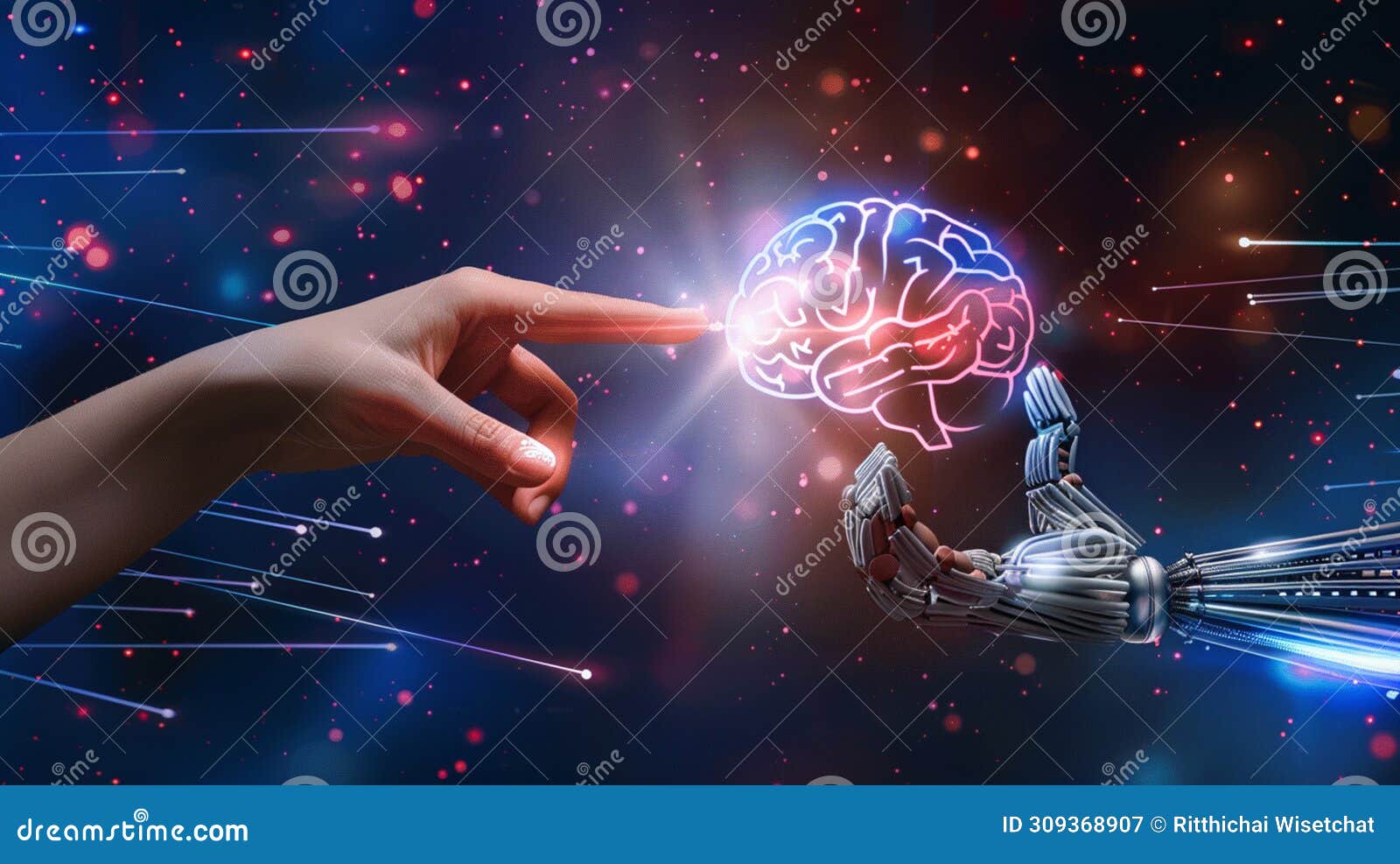 Human Hand Touching a Holographic Brain Interfacing with a Robotic Arm ...