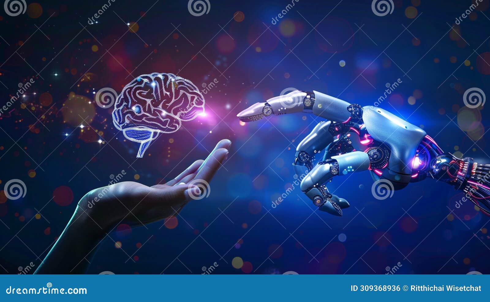 Human Hand Touching a Holographic Brain Interfacing with a Robotic Arm ...